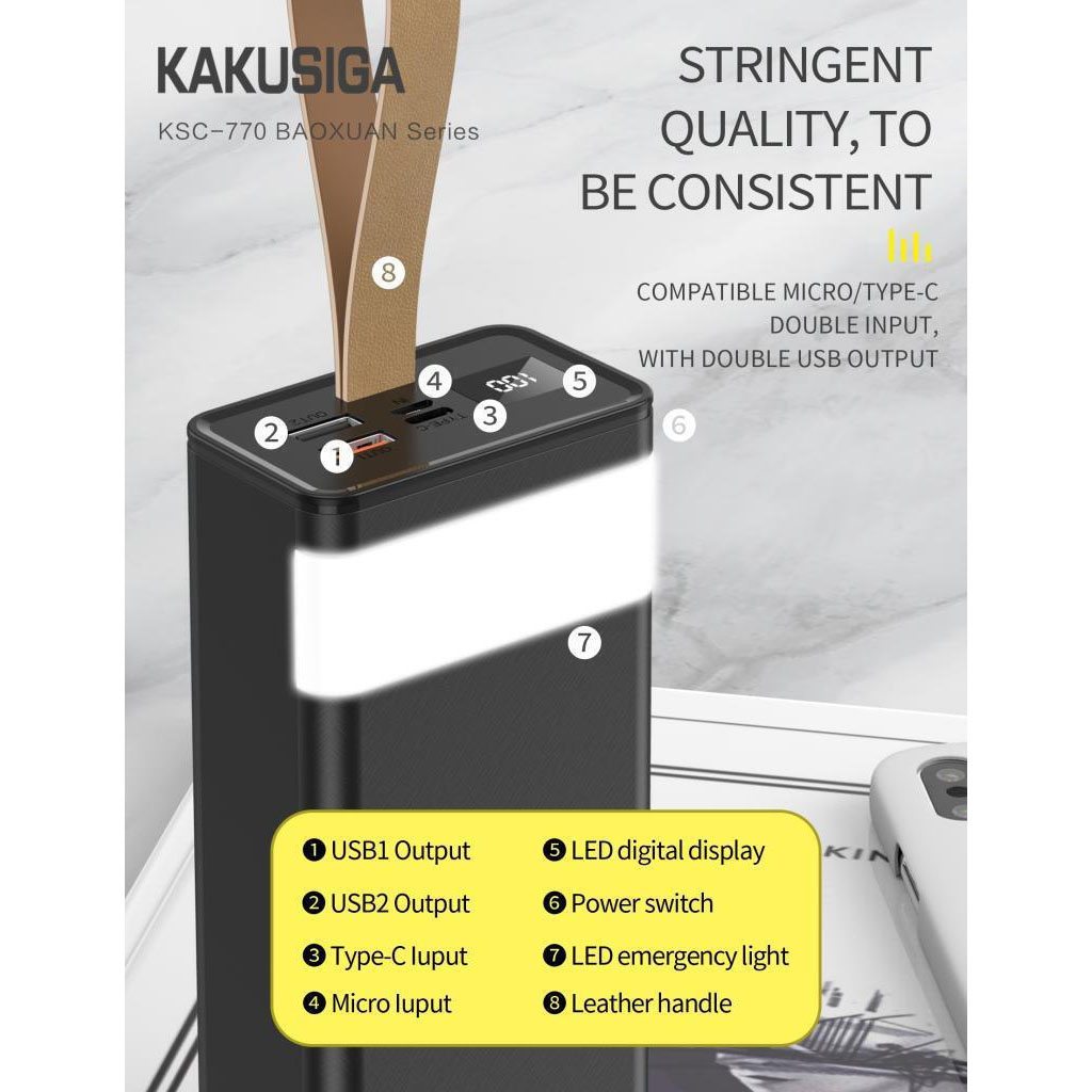 KAKUSIGA KSC-770 Power Bank 30000 mAh 2x USB-A με Οθόνη LED και Φακό σε ...